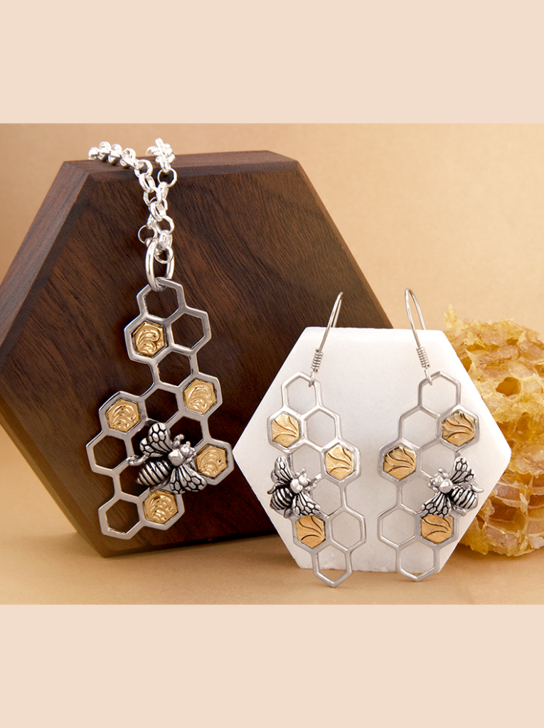 Honeycomb & Bee Dangle Earrings - Gold & Silver | Hyo Silver